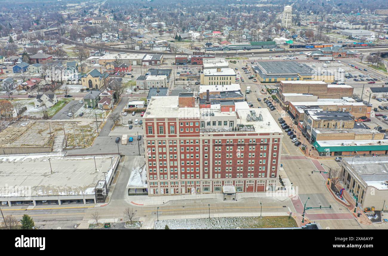 Aerial view of river running through Elkhart Indiana Stock Photo - Alamy