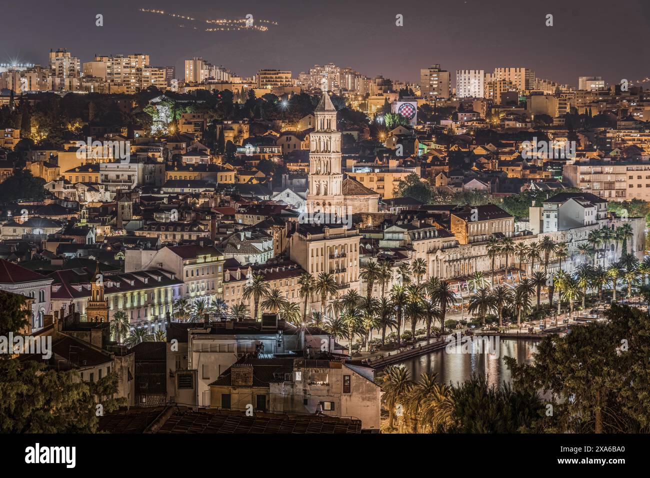 A stunning view of Splits cityscape at night, seeing from Marjan hill ...