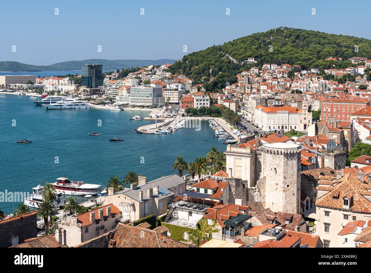 This aerial image shows the beautiful city of Split in Croatia, seen ...