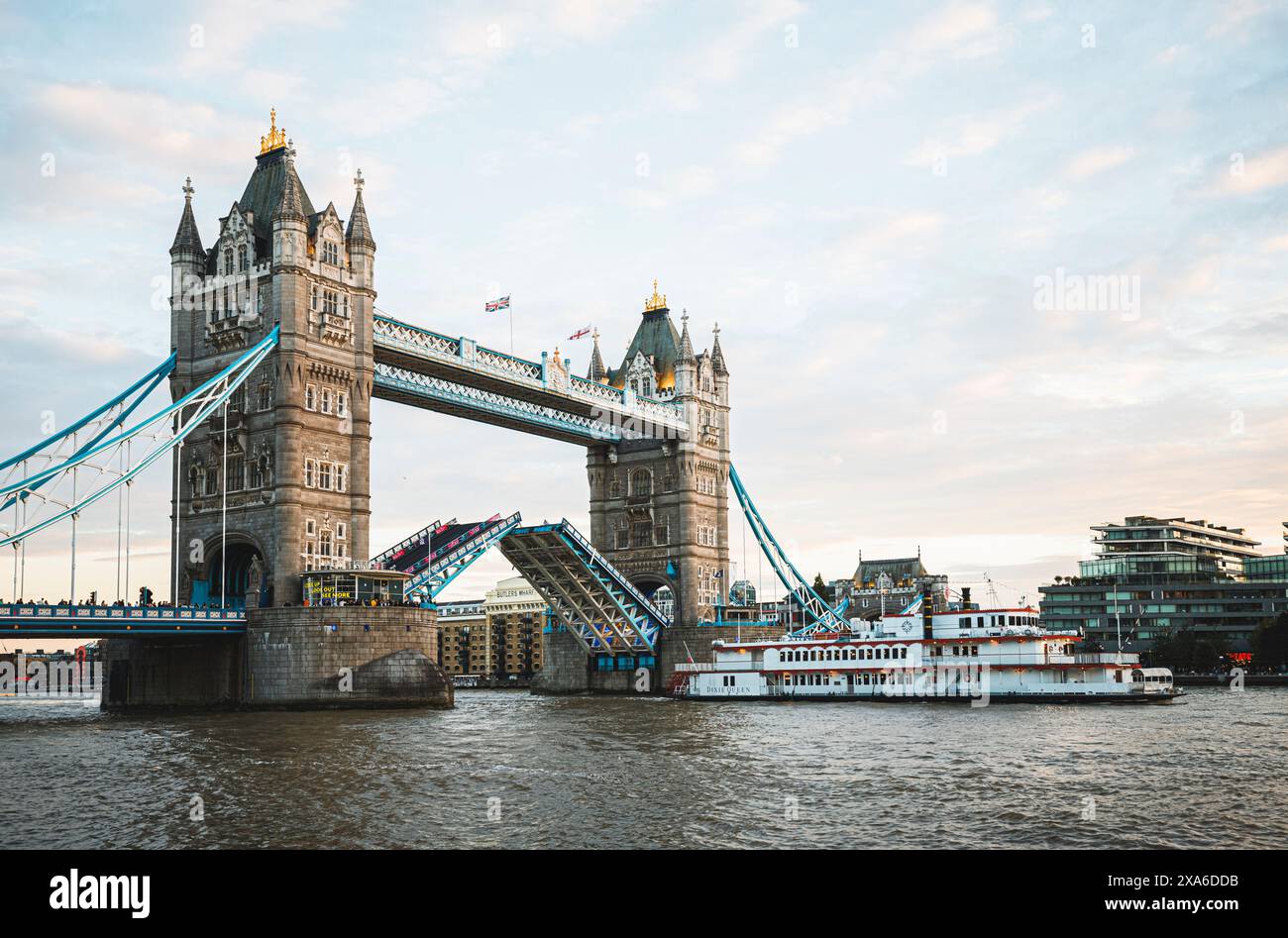 An aerial view of the London skyline and Tower Bridge over the Thames ...
