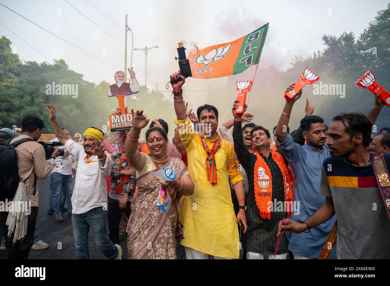 New Delhi, India. 04th June, 2024. Supporters of the Bharatiya Janata ...