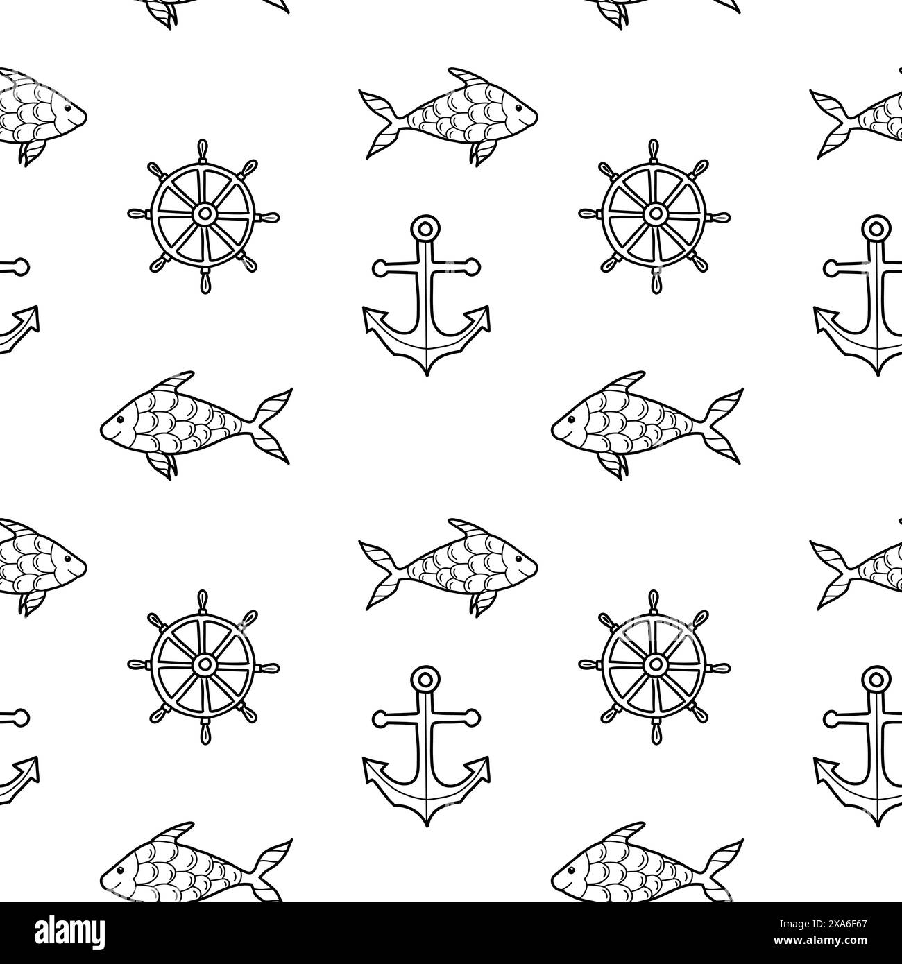 Marine Sea Hand drawn Seamless Pattern with Fishes, Nautical Anchor and ...