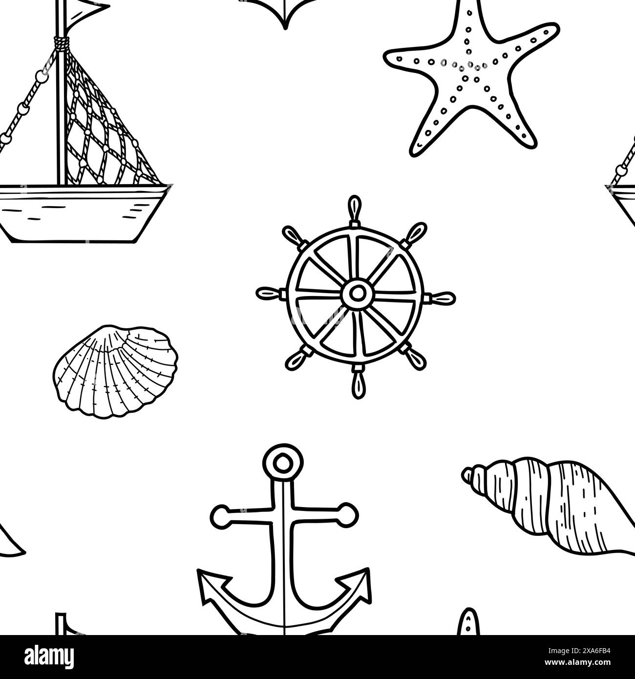 Marine Hand drawn Seamless Pattern with cute Ship, Boat, Nautical ...