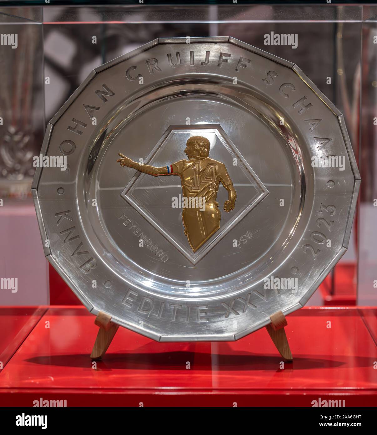 A close-up of Johan Cruijff schaal trophy that PSV Eindhoven won from Feyenoord in season 2023 ...
