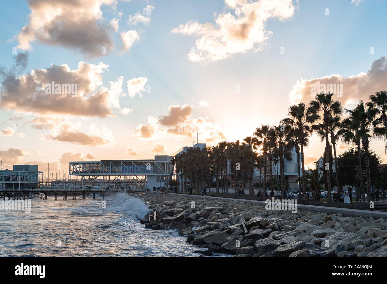 Golden sunset beams over a rocky shore with palm trees and boardwalk ...