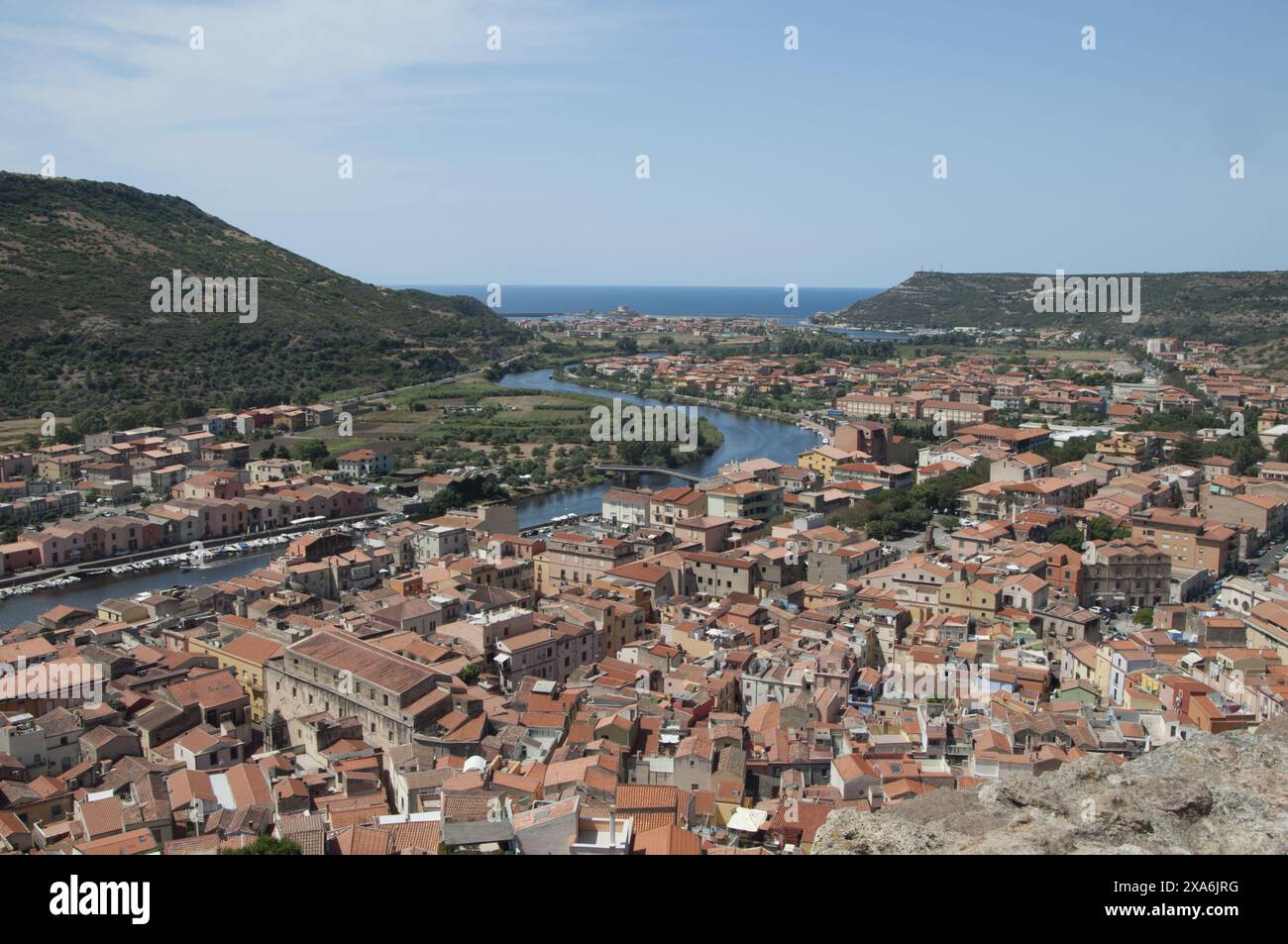 A panoramic view of the city of Bosa in Sardinia with the river ...
