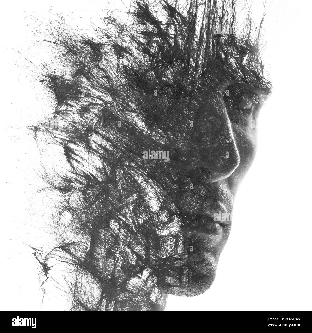 A black and white artistic half profile paintography portrait of a man ...