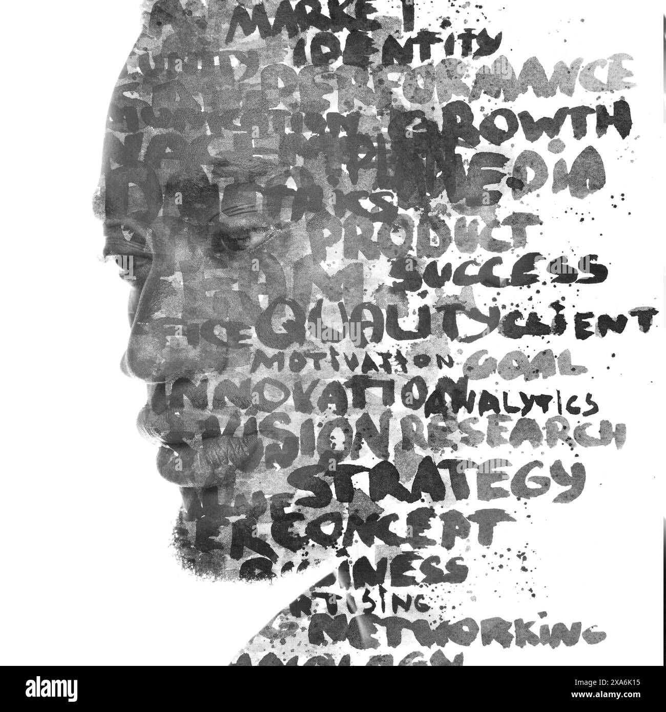 A conceptual lettering paintography portrait of a thoughtful man Stock ...