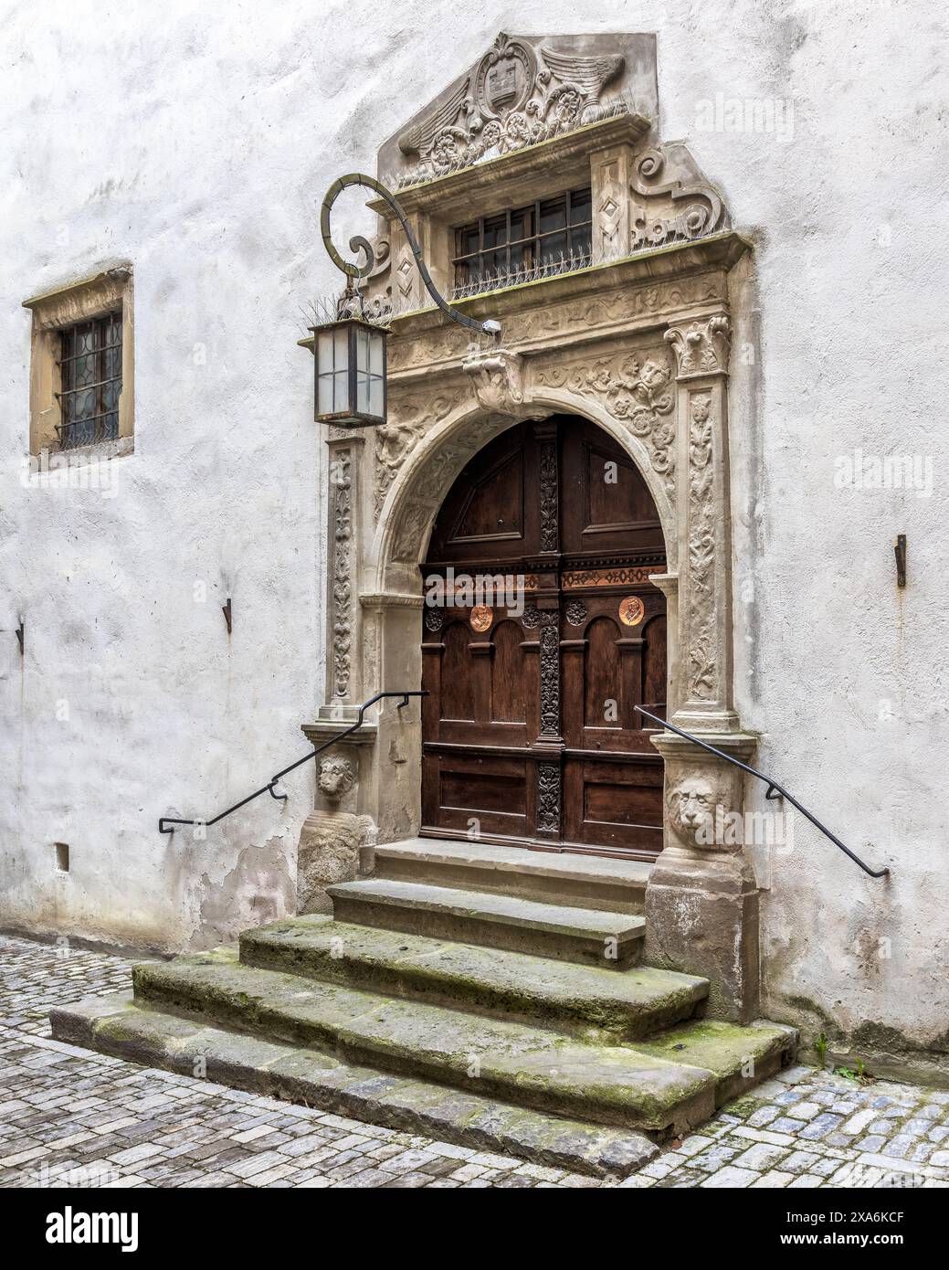 A medieval wooden door at Rothenburg ob der Tauber's Town Hall, Bavaria ...