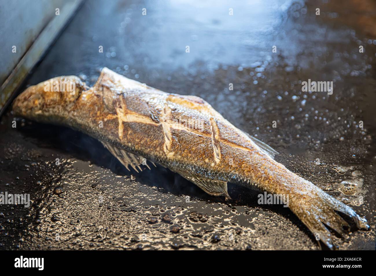 Grilled sea bass fish closeup. In process. European sea-bass, chef is ...