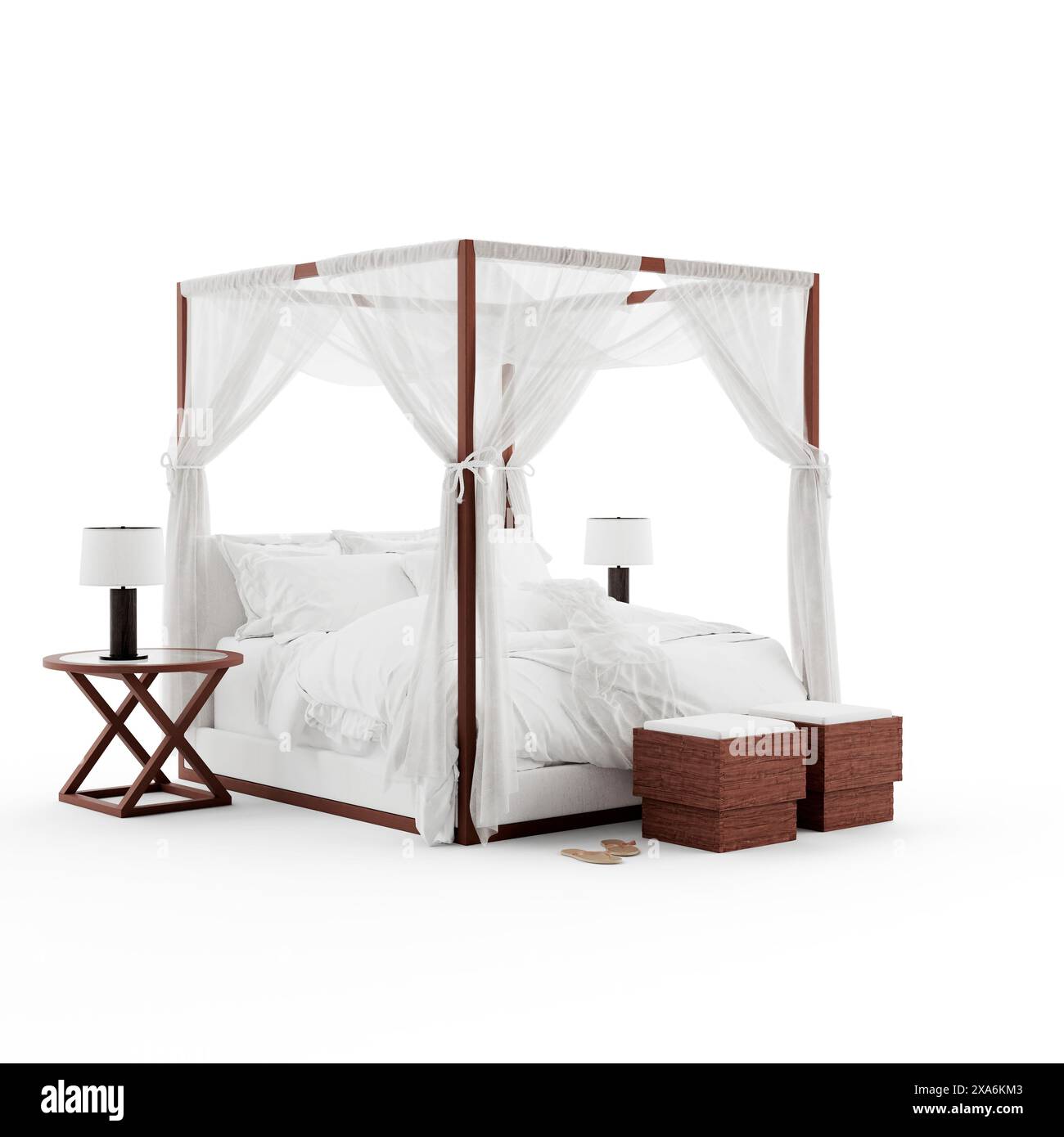 White canopy bed with white linens and pillows beside a small wooden ...