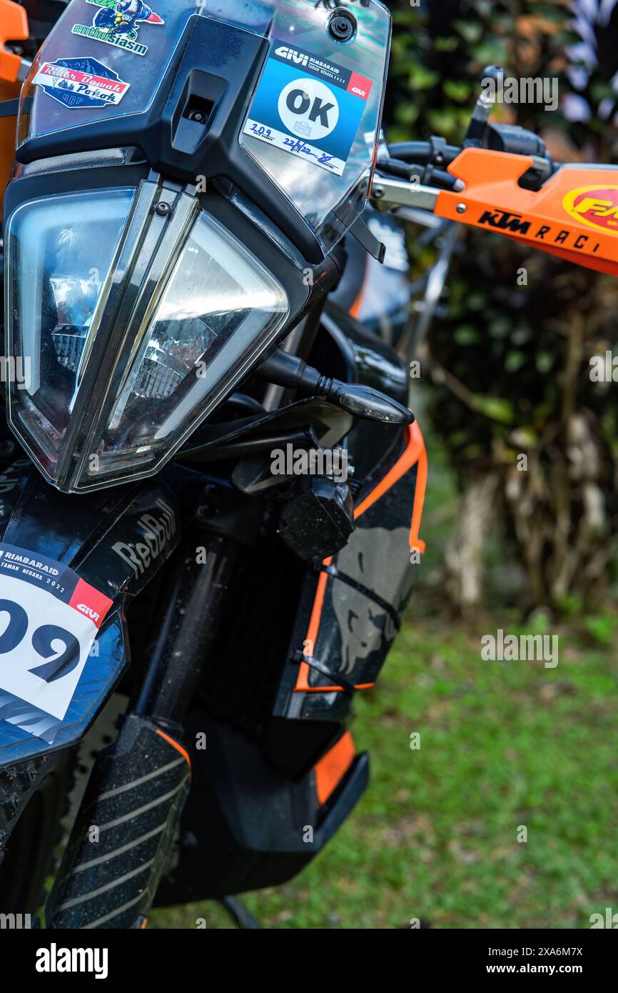 A vertical shot of KTM Motorcycle's with stickers for enduro practice ...