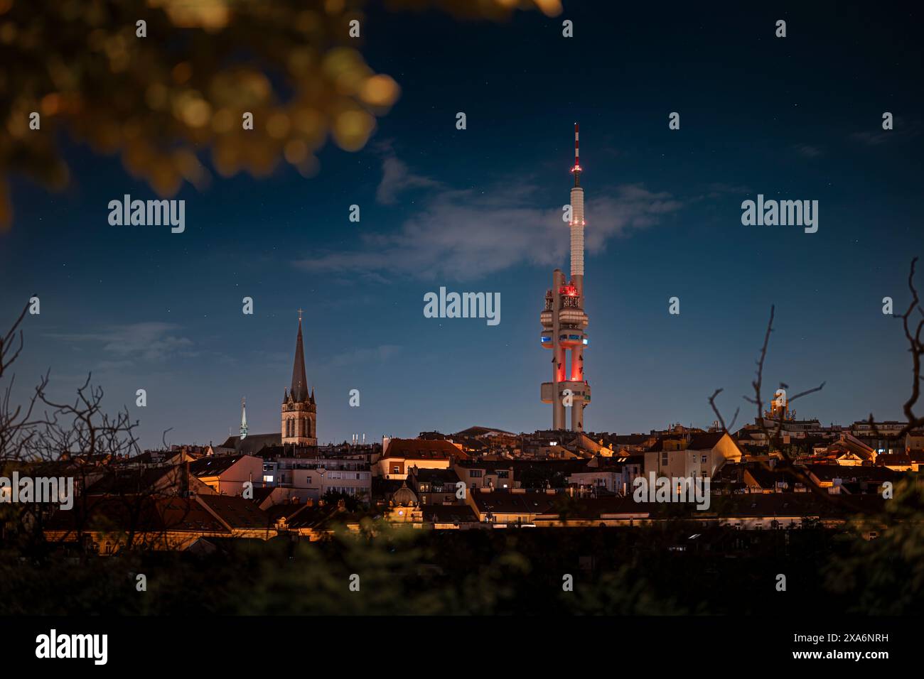 A nighttime view of Prague's Zizkov district, picturesque and scenic ...