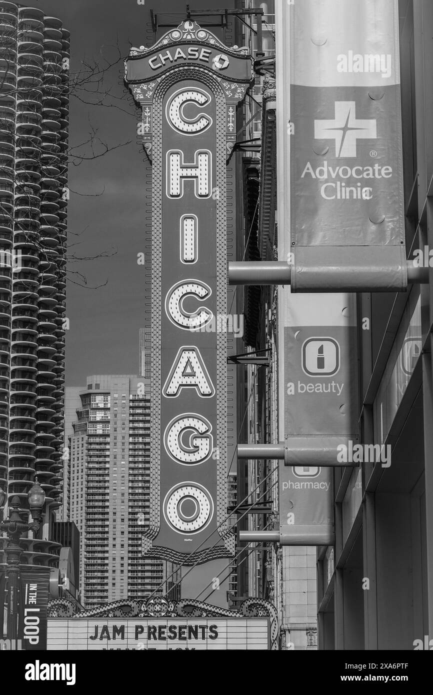 Iconic Chicago Theater sign in black and white urban setting Stock ...