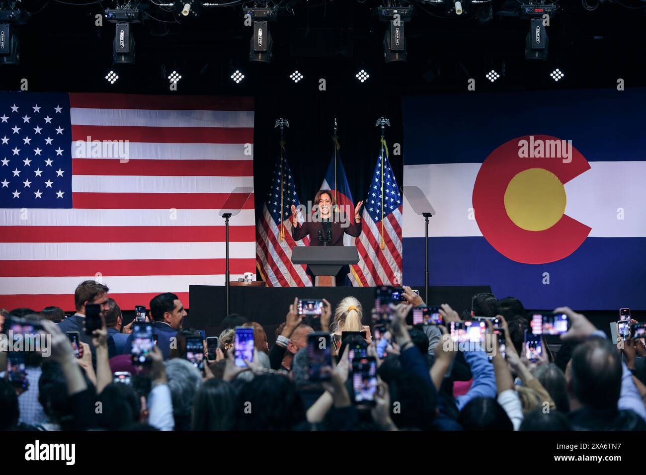 Vice President Kamala Harris speaks at a campaign event in Denver ...