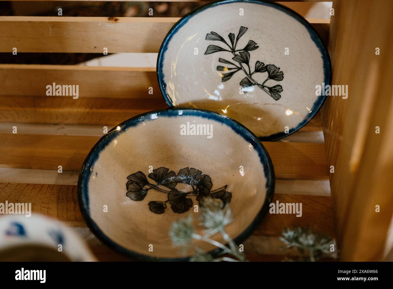 The beautiful hand-made ceramic plates with plants Stock Photo - Alamy