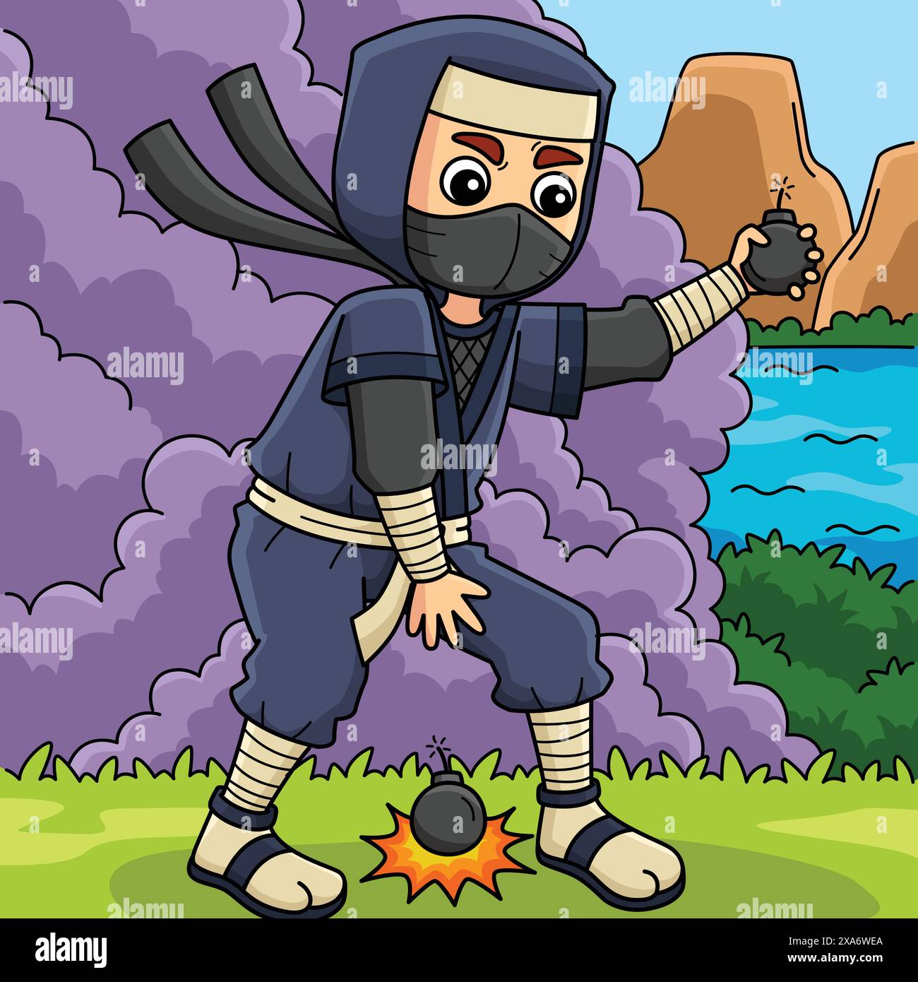 Ninja with Smoke Bomb Colored Cartoon Illustration Stock Vector Image ...