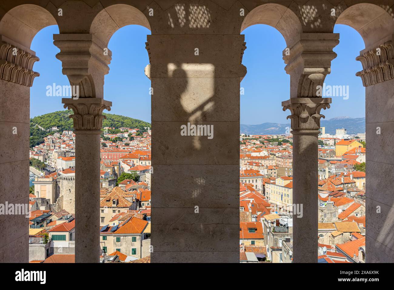 This aerial image shows the beautiful city of Split in Croatia, seen ...