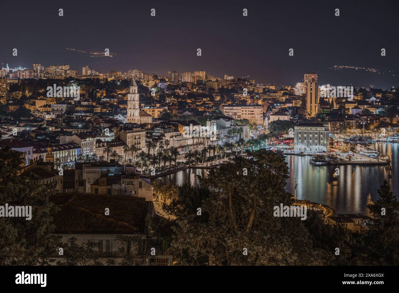 A stunning view of Splits cityscape at night, seeing from Marjan hill ...