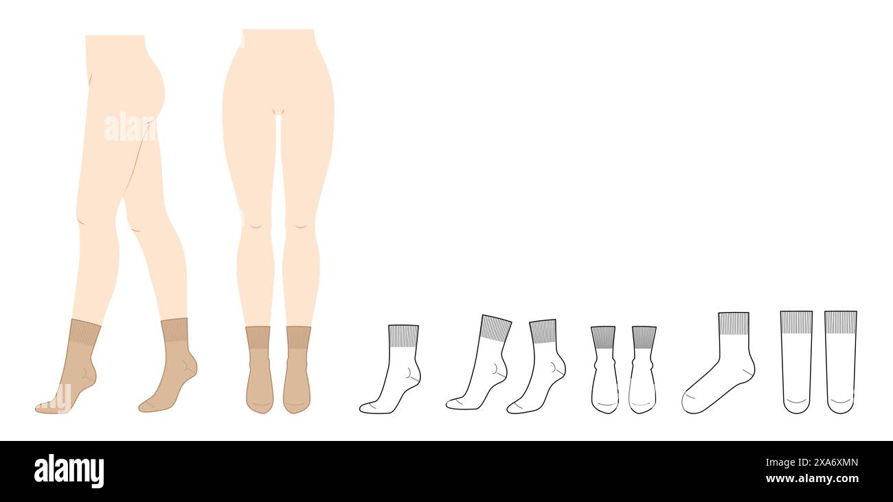 Crew Socks set on women legs and CAD flat template mockup. Hosiery ...