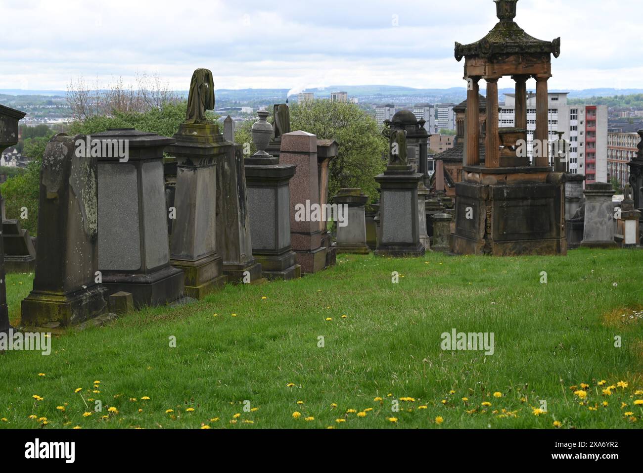 The sparse tombstones in overgrown cemetery grass Stock Photo - Alamy