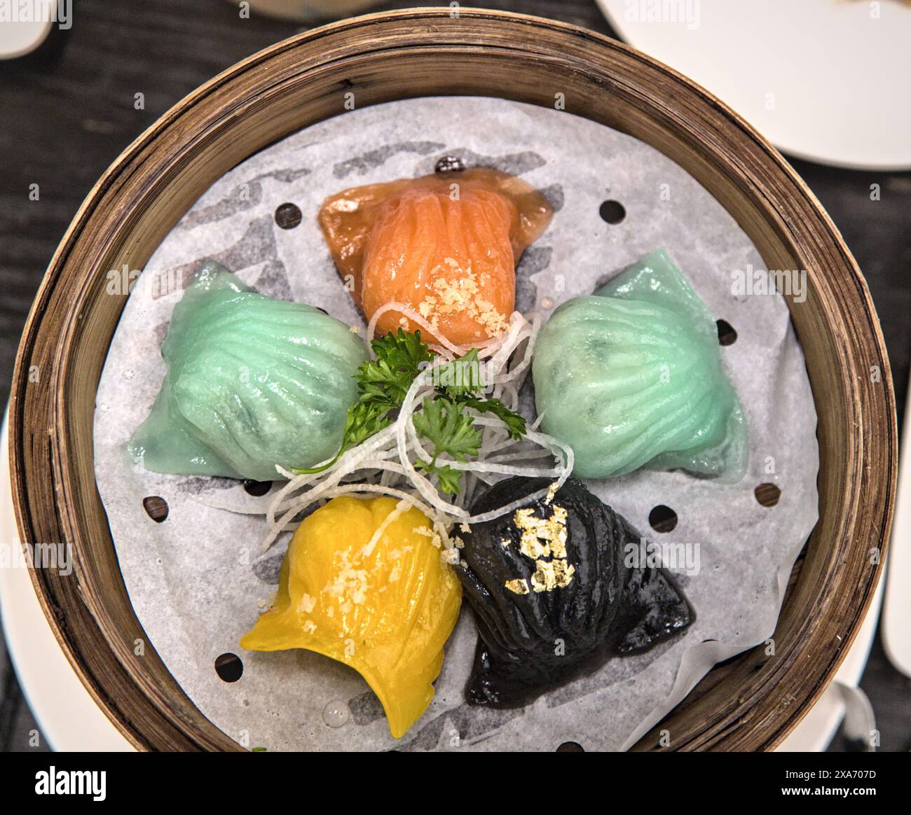 shrimp dumplings in a steam tray at chinese restaurant (colorful ...