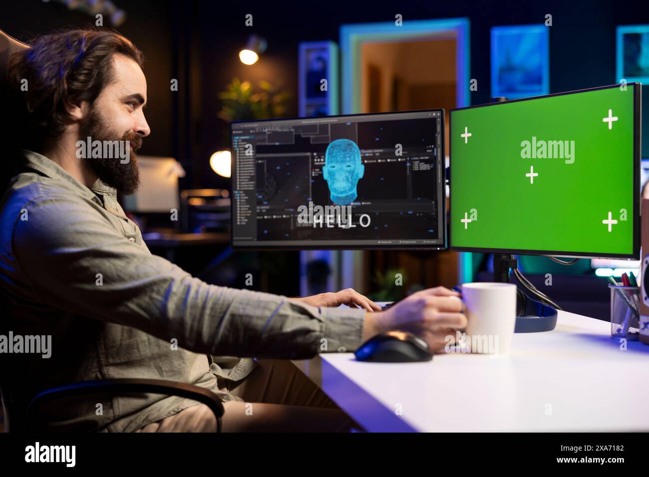 Programmer being greeted by awaken AI gaining consciousness on chroma ...