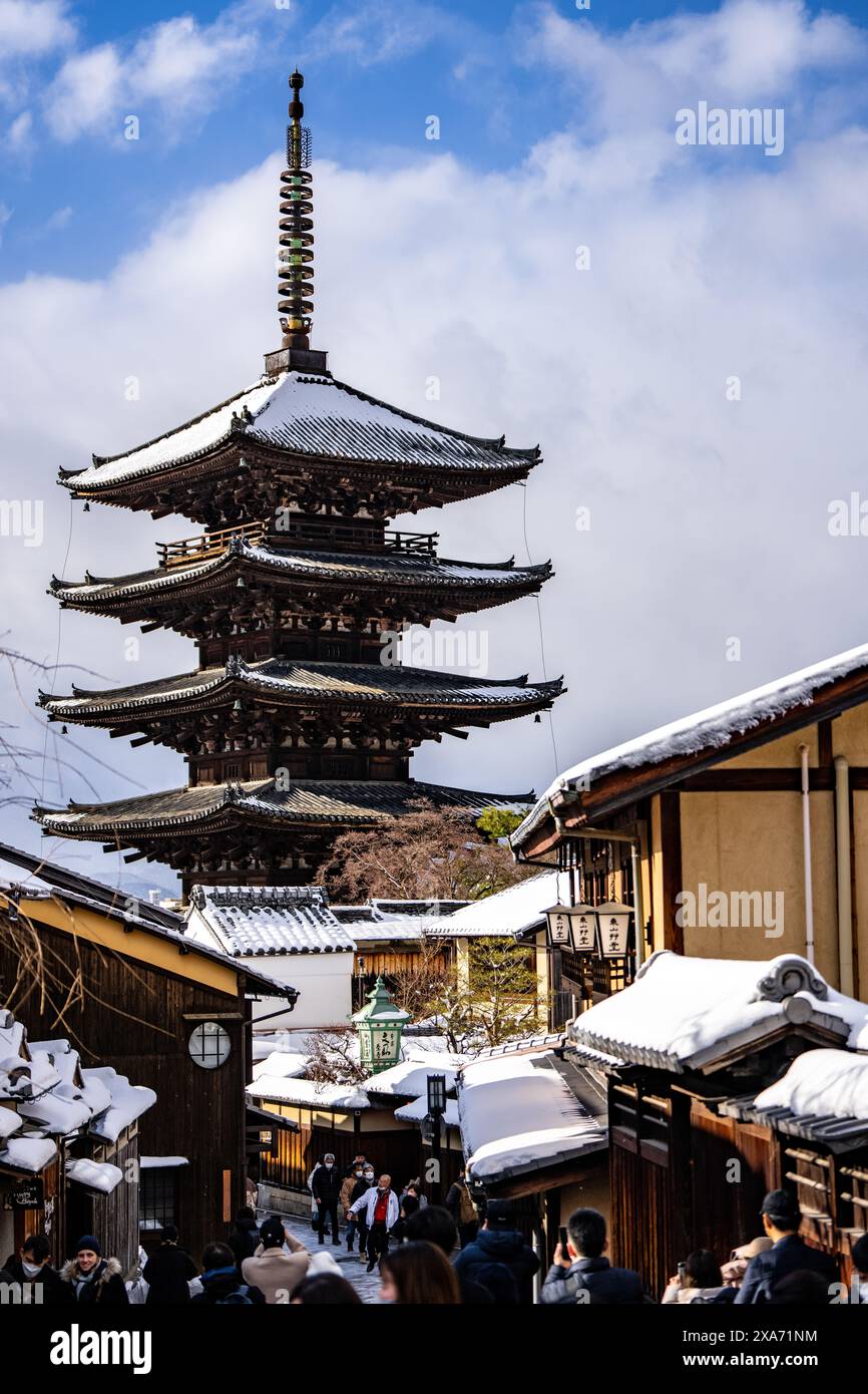 Rare view of a Snow Covered Yasaka Pagoda from Sannen Zaka Street in ...