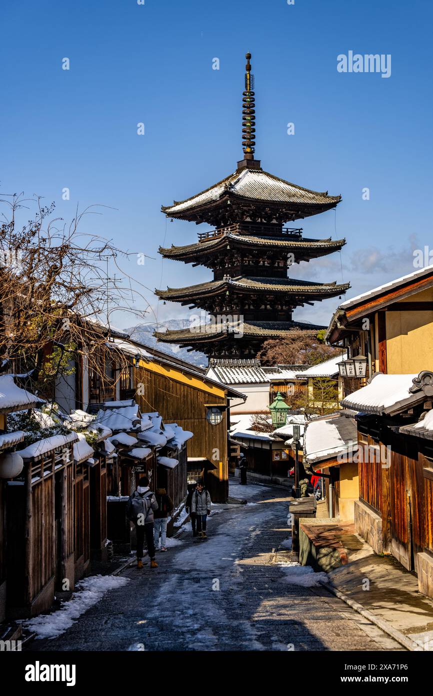 Rare view of a Snow Covered Yasaka Pagoda from Sannen Zaka Street in ...