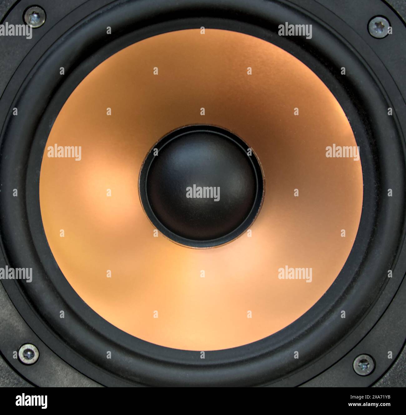 Gold Speaker Woofer Cone Detail Close Up Of Loudspeaker Section Bright Yellow Orange Color