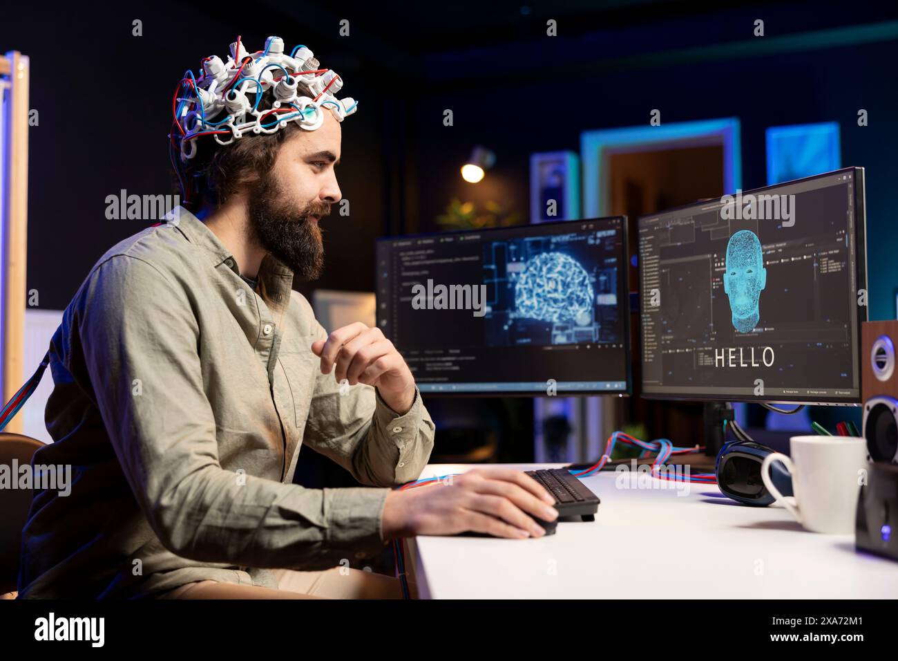 Man Using Eeg Headset To Communicate With Artificial Intelligence On Computer In Binary Code