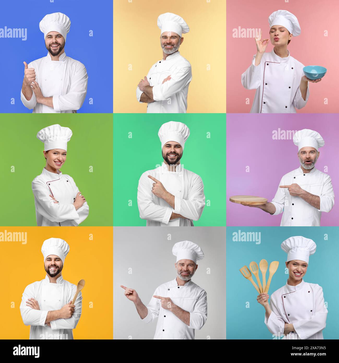 Collage with photos of professional chefs on different color ...