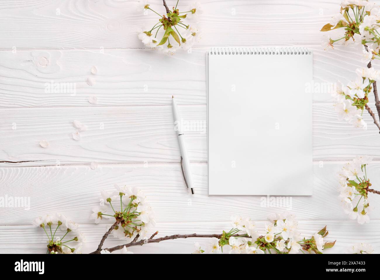 Guest list. Notebook, pen and spring tree branches with beautiful ...