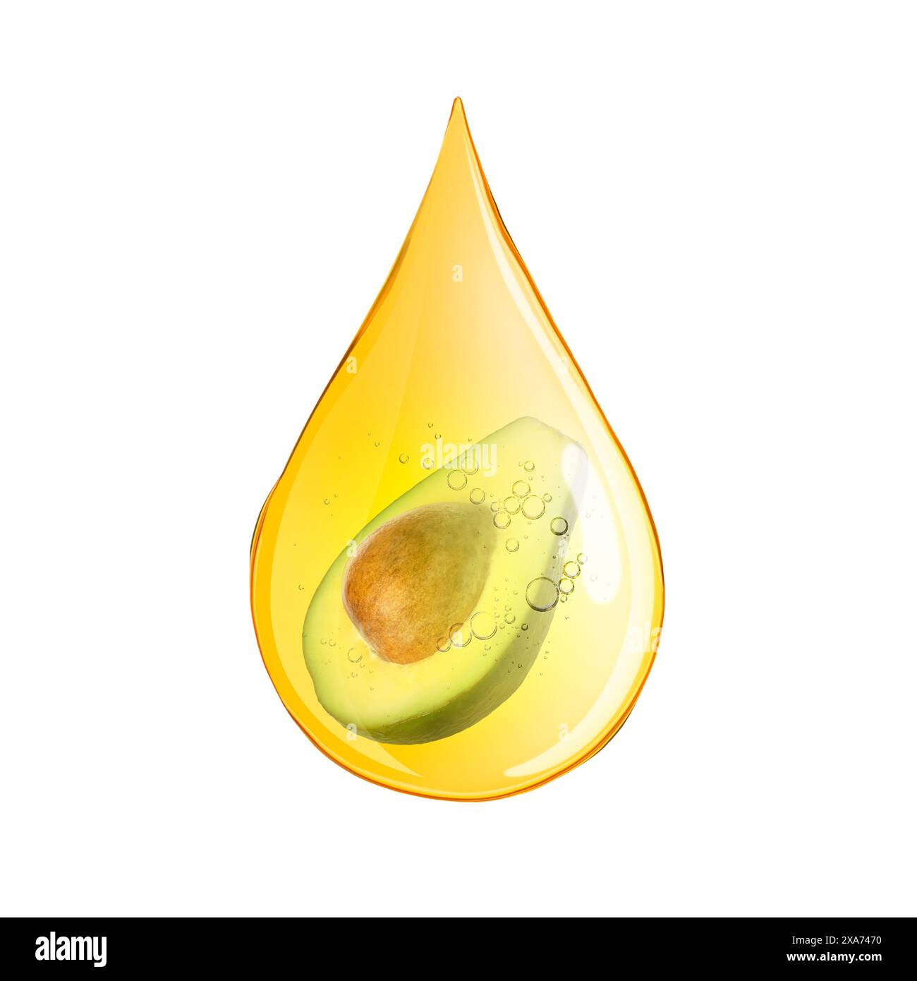 Cooking oil drop with half of avocado inside on white background Stock ...