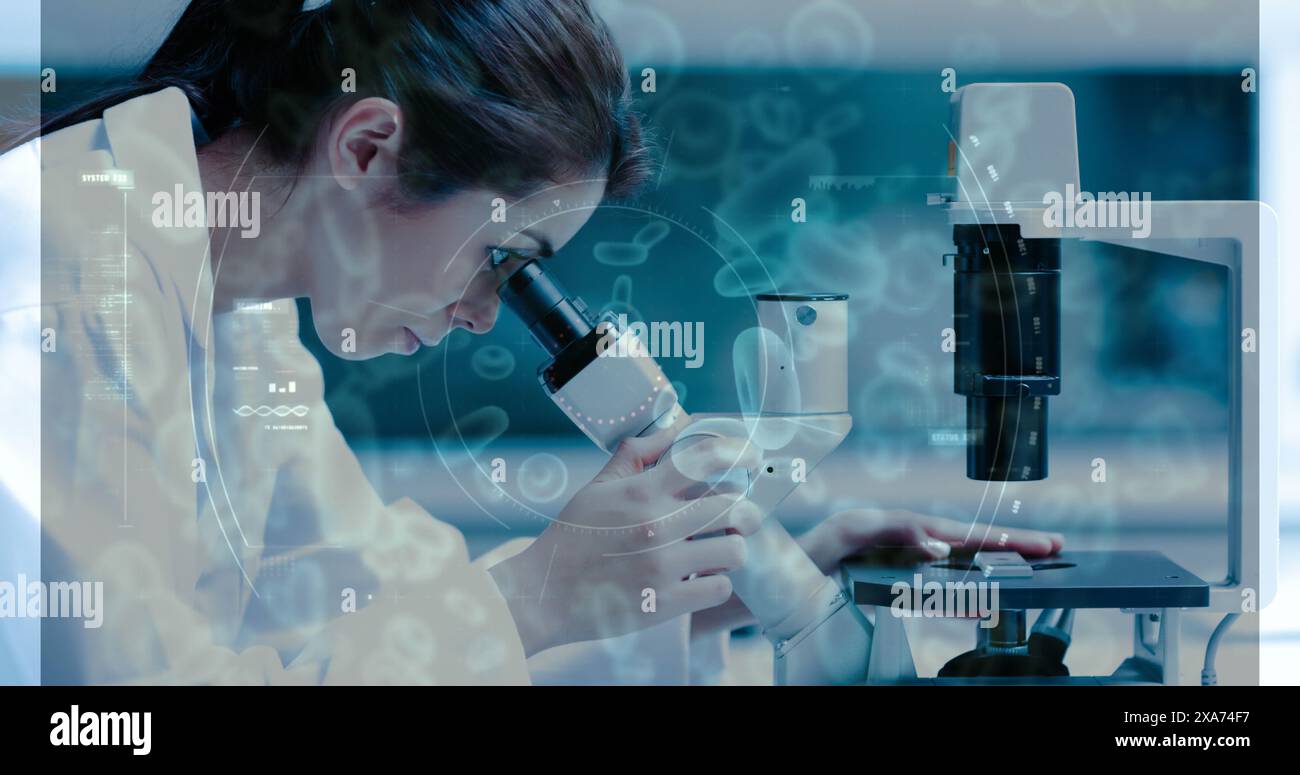 Image of female scientist looking into a microscope combined with ...