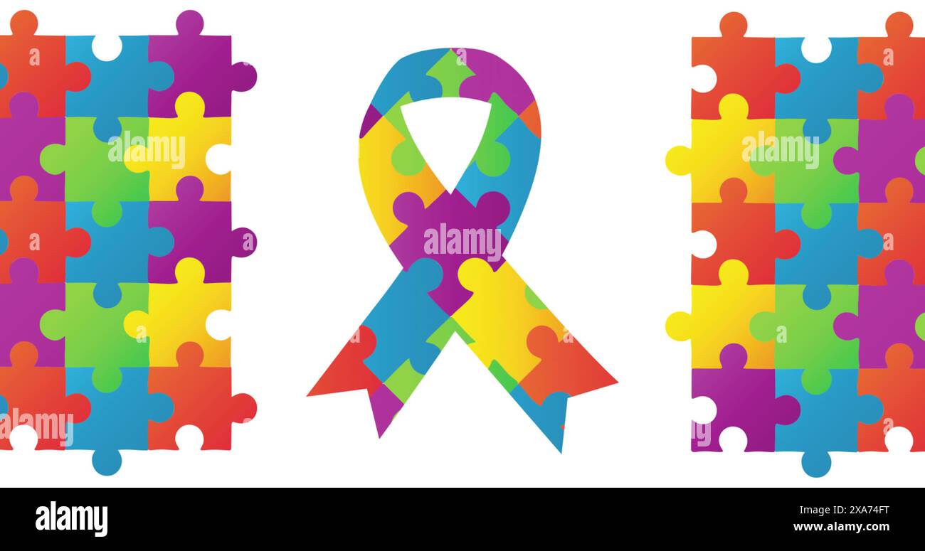 Image of Jigsaw puzzle forming a ribbon and two rectangles against ...