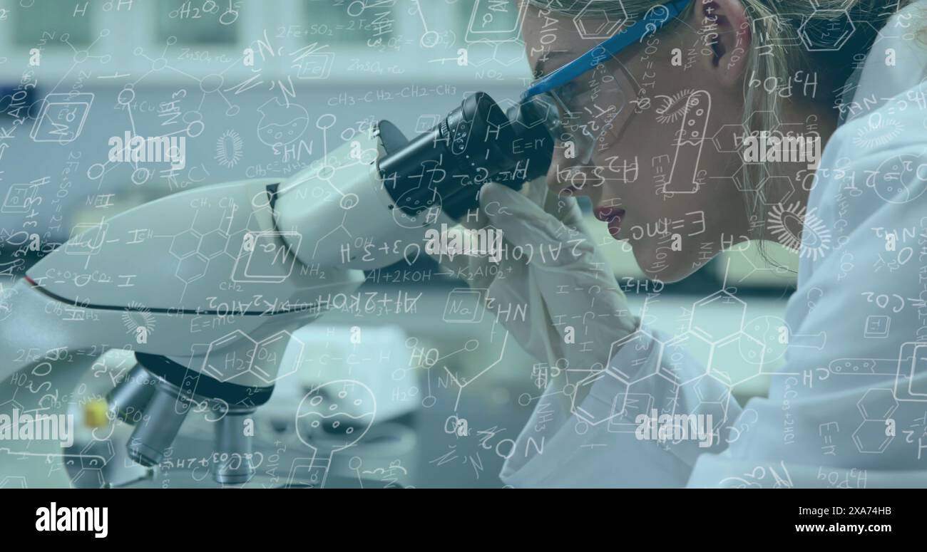 Image of mathematical and scientific formulas over female scientist ...