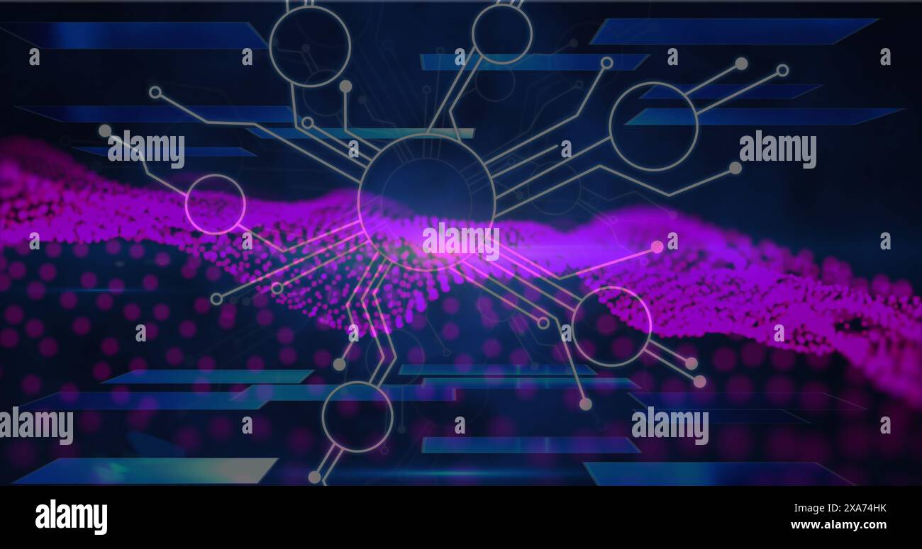 Image of network of connections with icons with lines and purple mesh ...