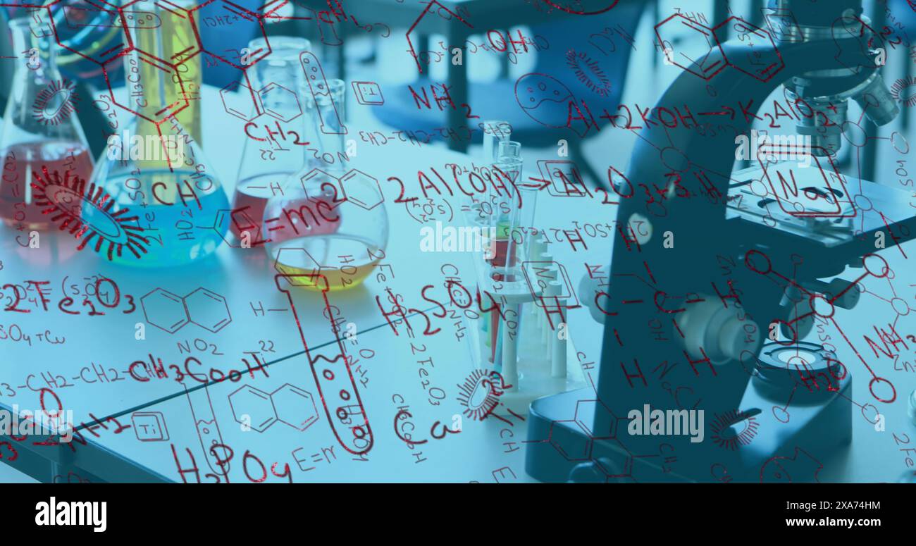 Image of chemical structures and formulas against various equipment in ...