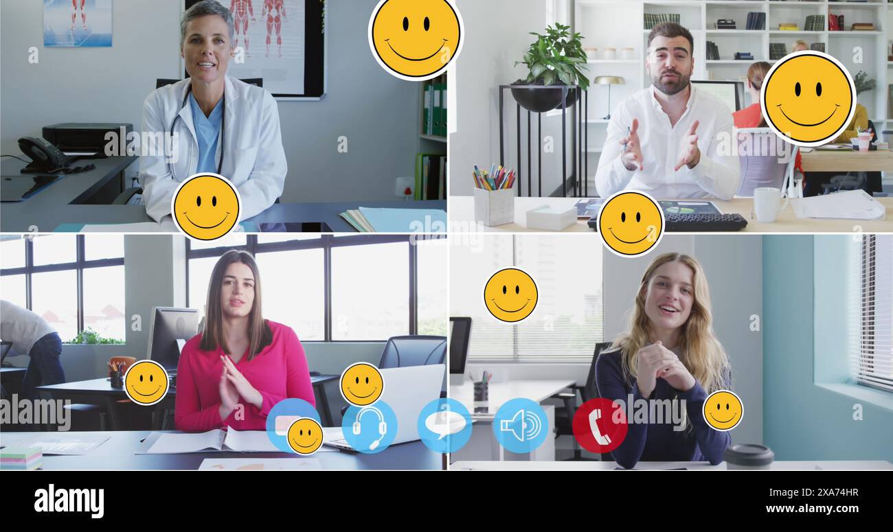 Image of social media emoji icons on laptop screen with people talking ...