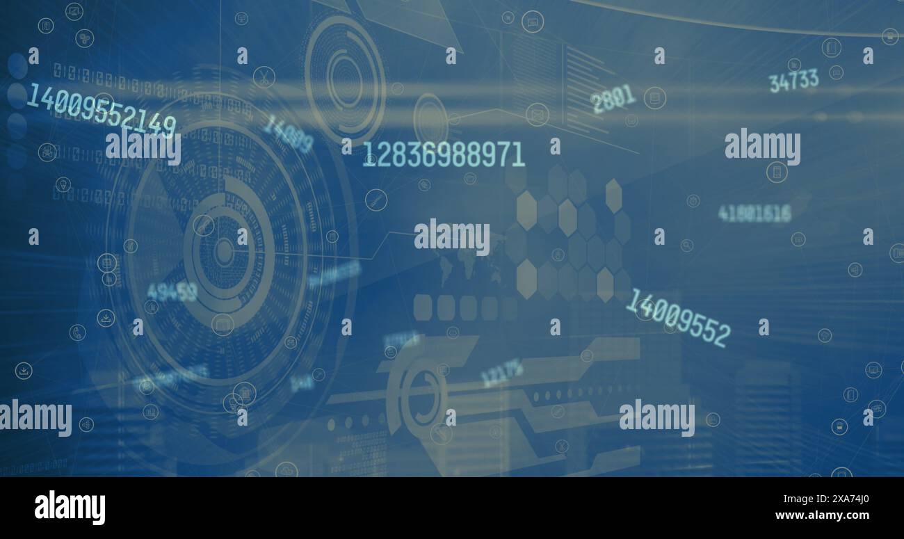 Image of numbers changing, data processing and scopes scanning Stock Photo - Alamy