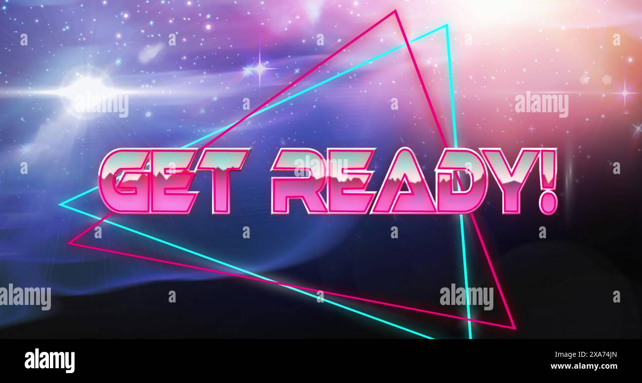 Image of get ready text in metallic letters on pink and blue triangles ...