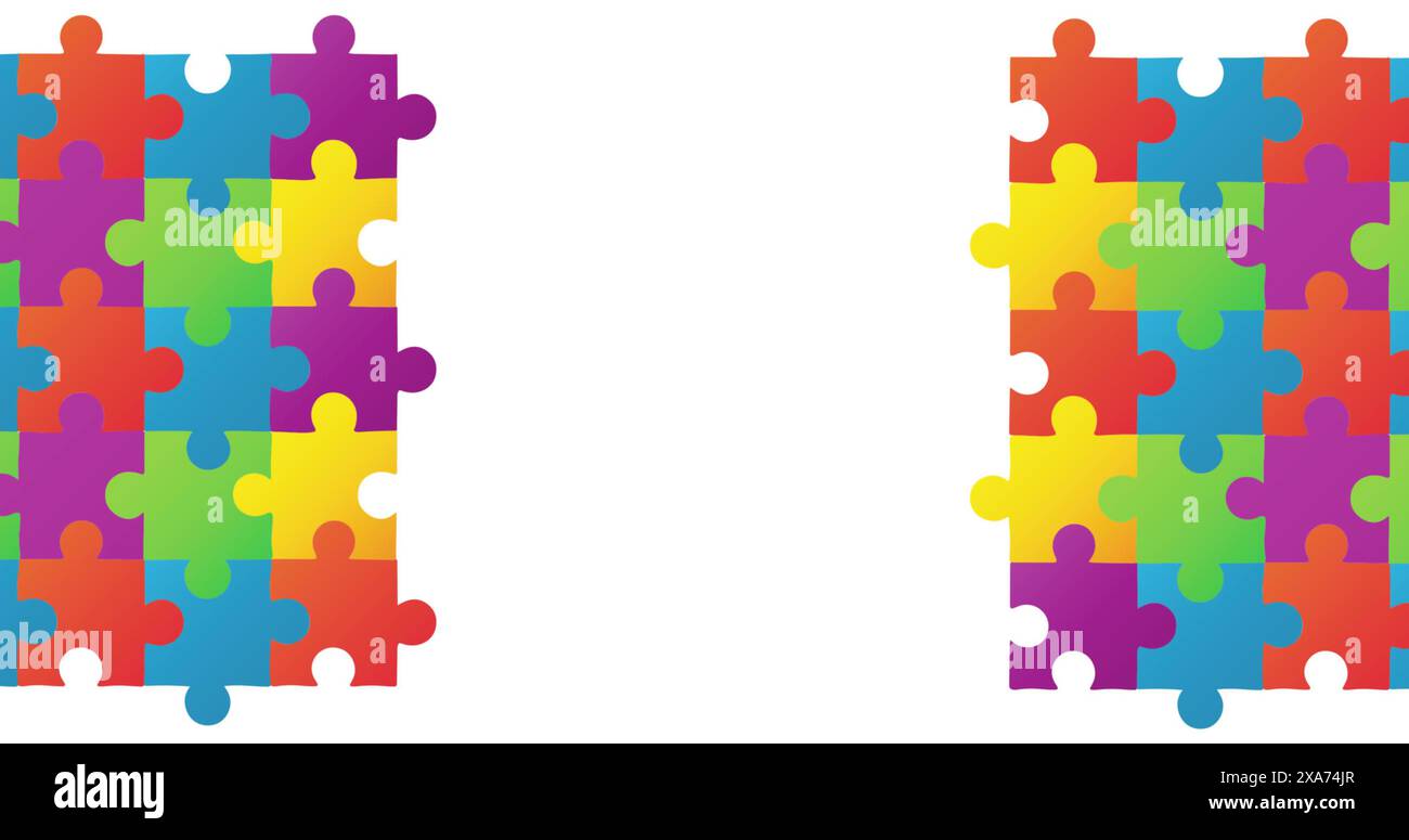 Image of multicolor jigsaw puzzle pieces forming two rectangles against ...
