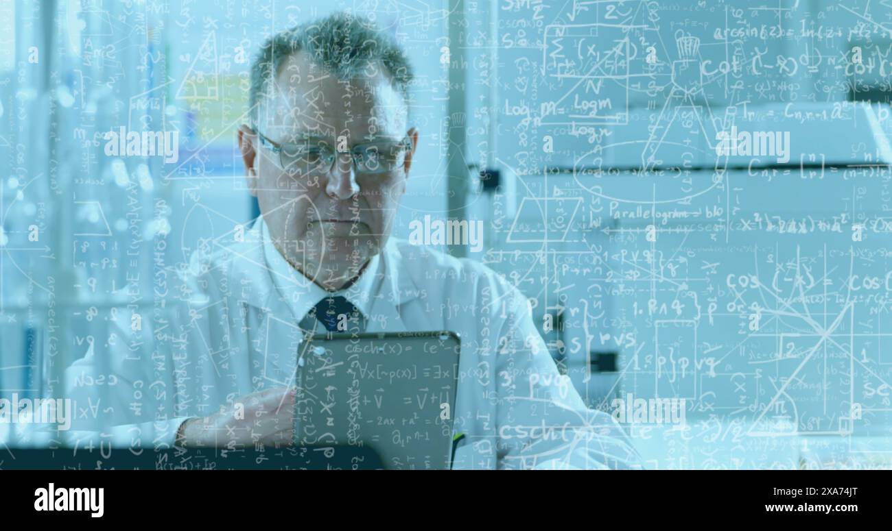 Image of mathematical and scientific formulas over male scientist using ...