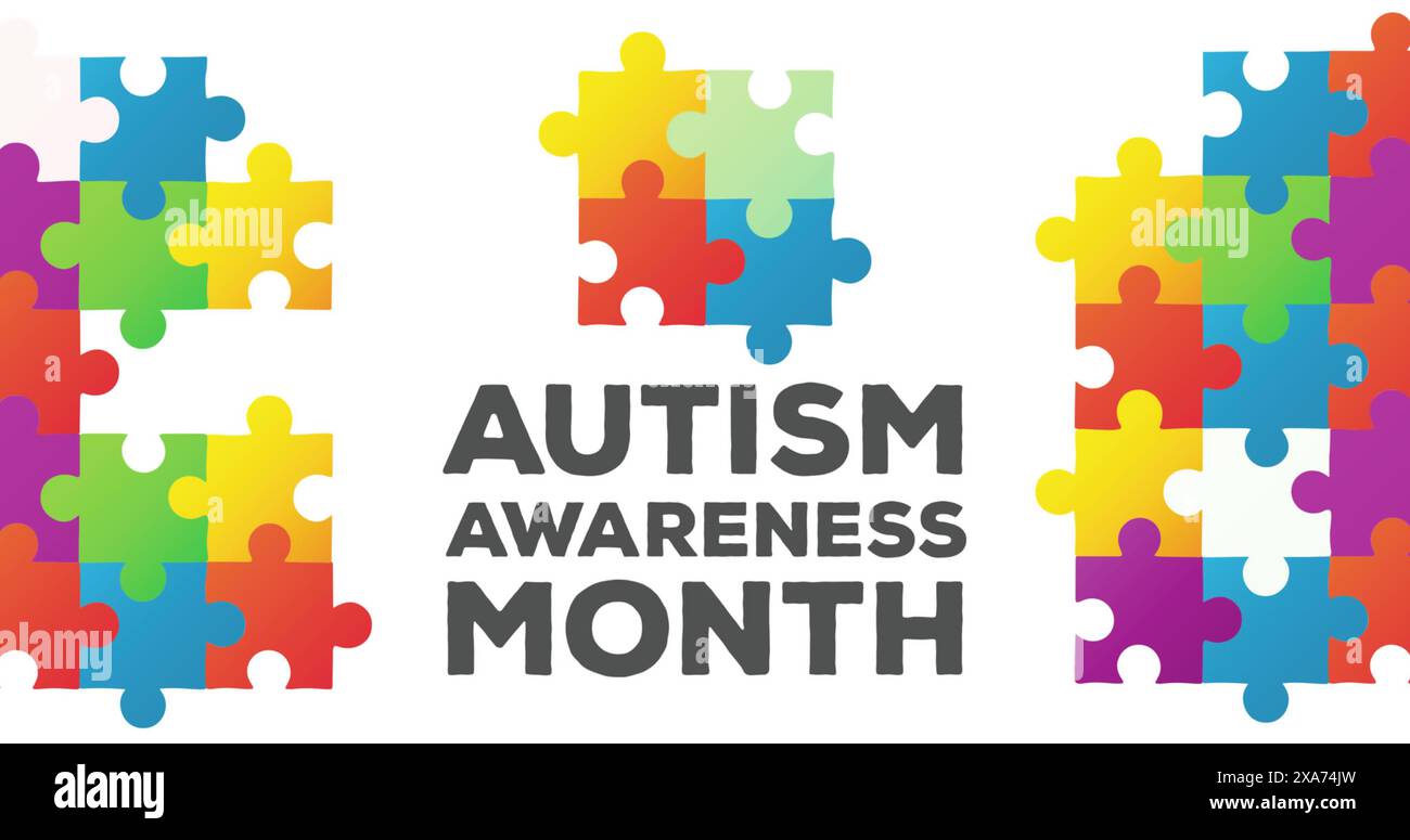 Image of Autism Awareness Month text and jigsaw puzzle forming a square ...