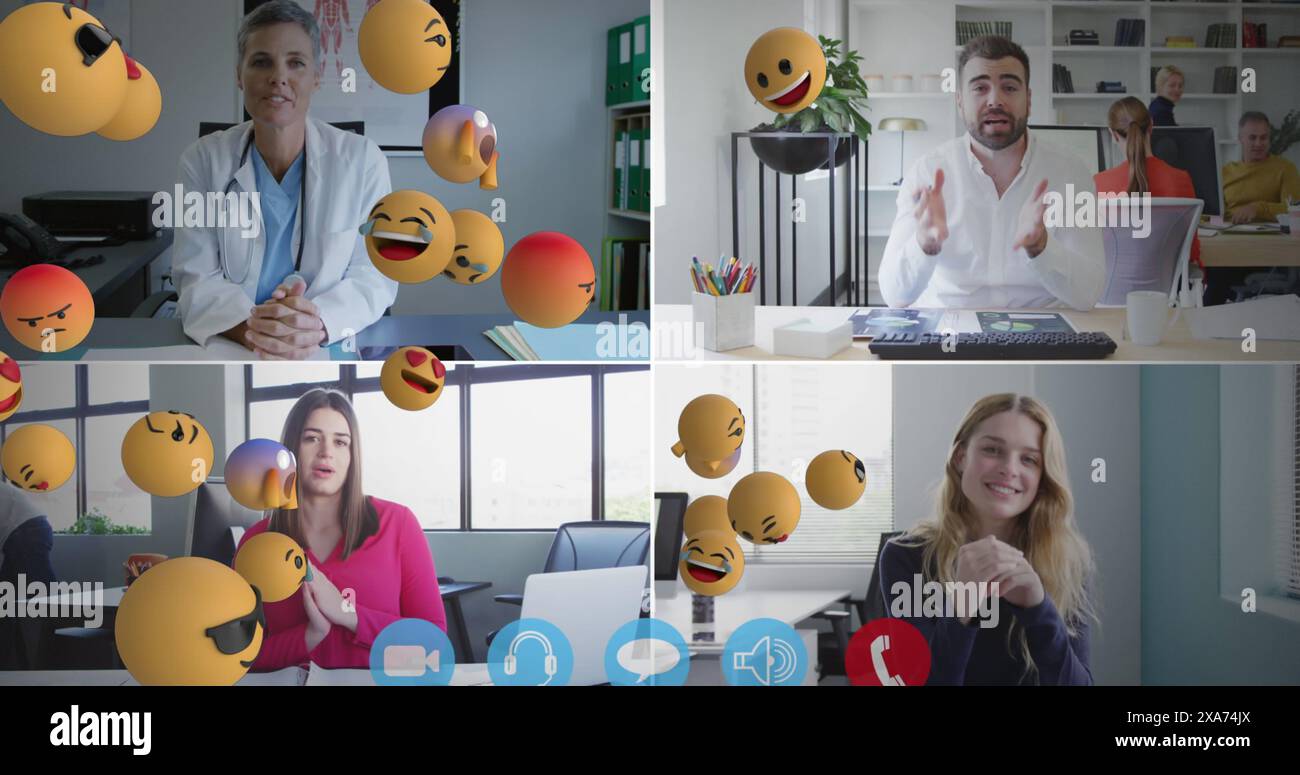 Image of social media emoji icons on laptop screen with people talking ...