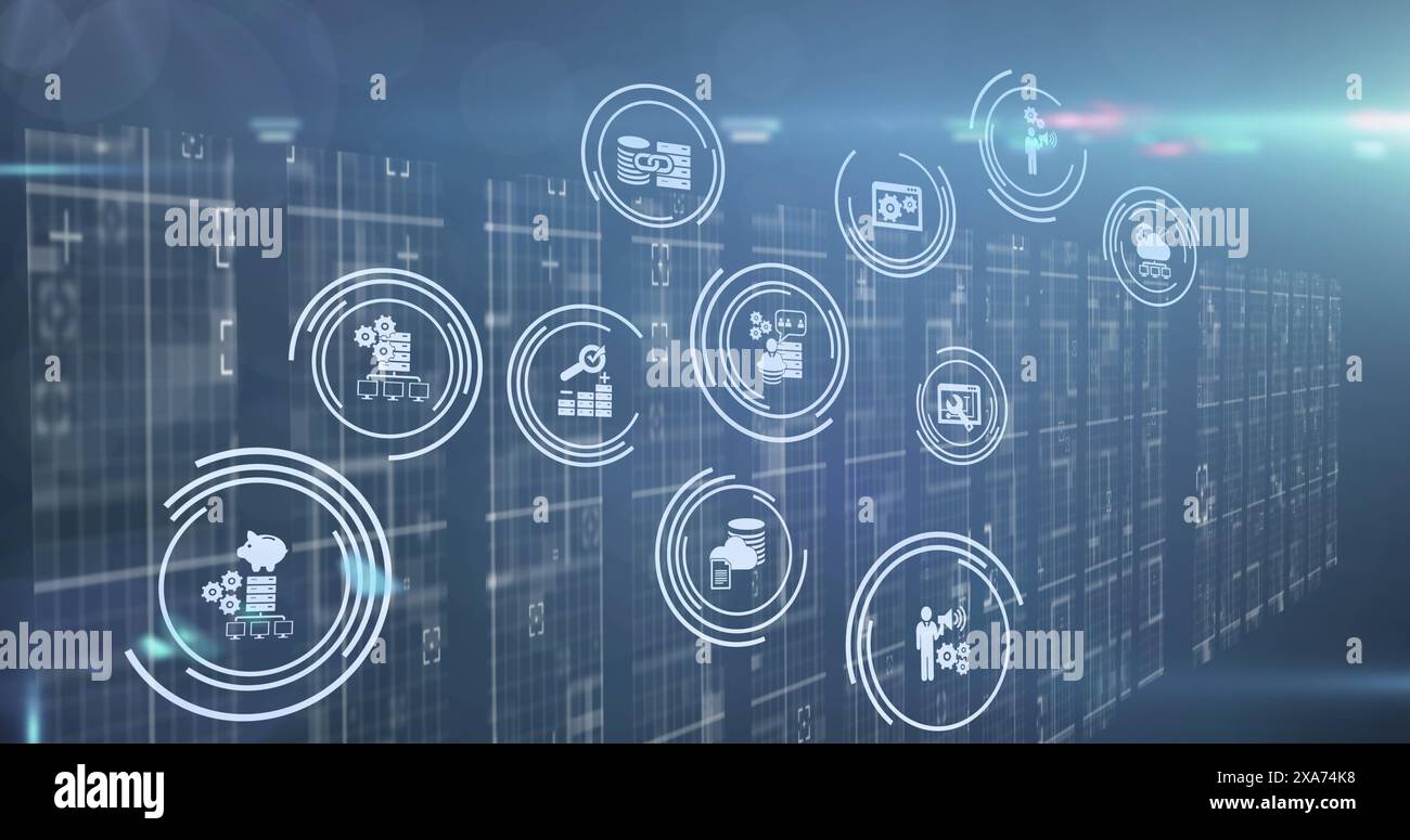 Image of multiple digital icons over light trails and light spots ...