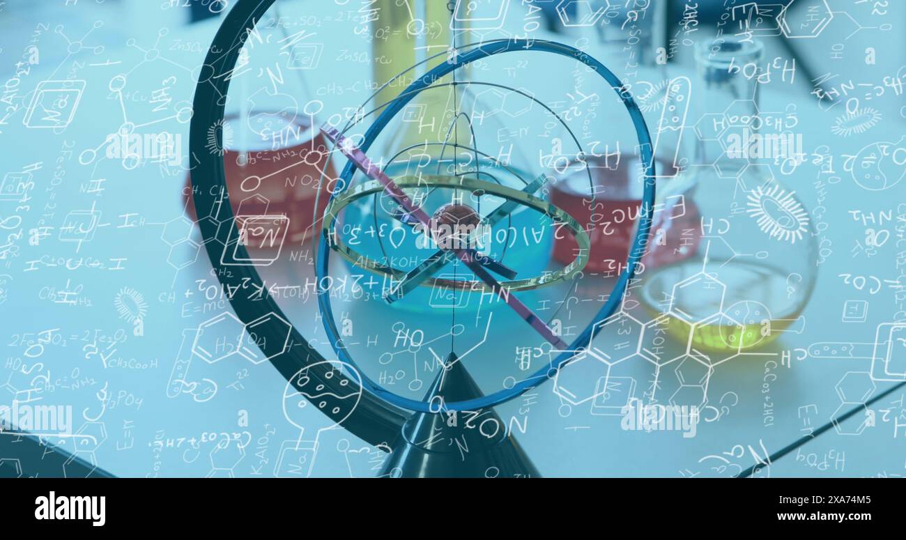 Image of chemical compounds and scientific formulas over atom model in ...