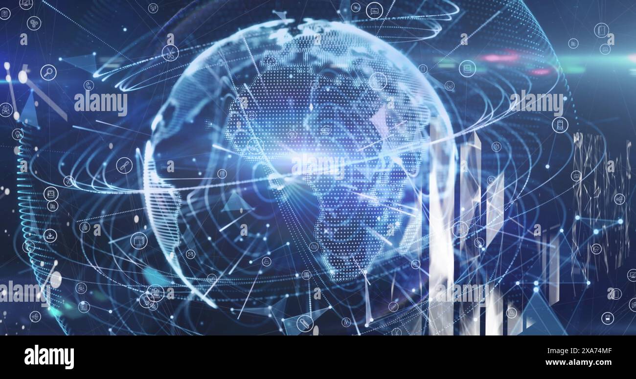 Image of network of connections and light trails over globe against spot of light on blue ...