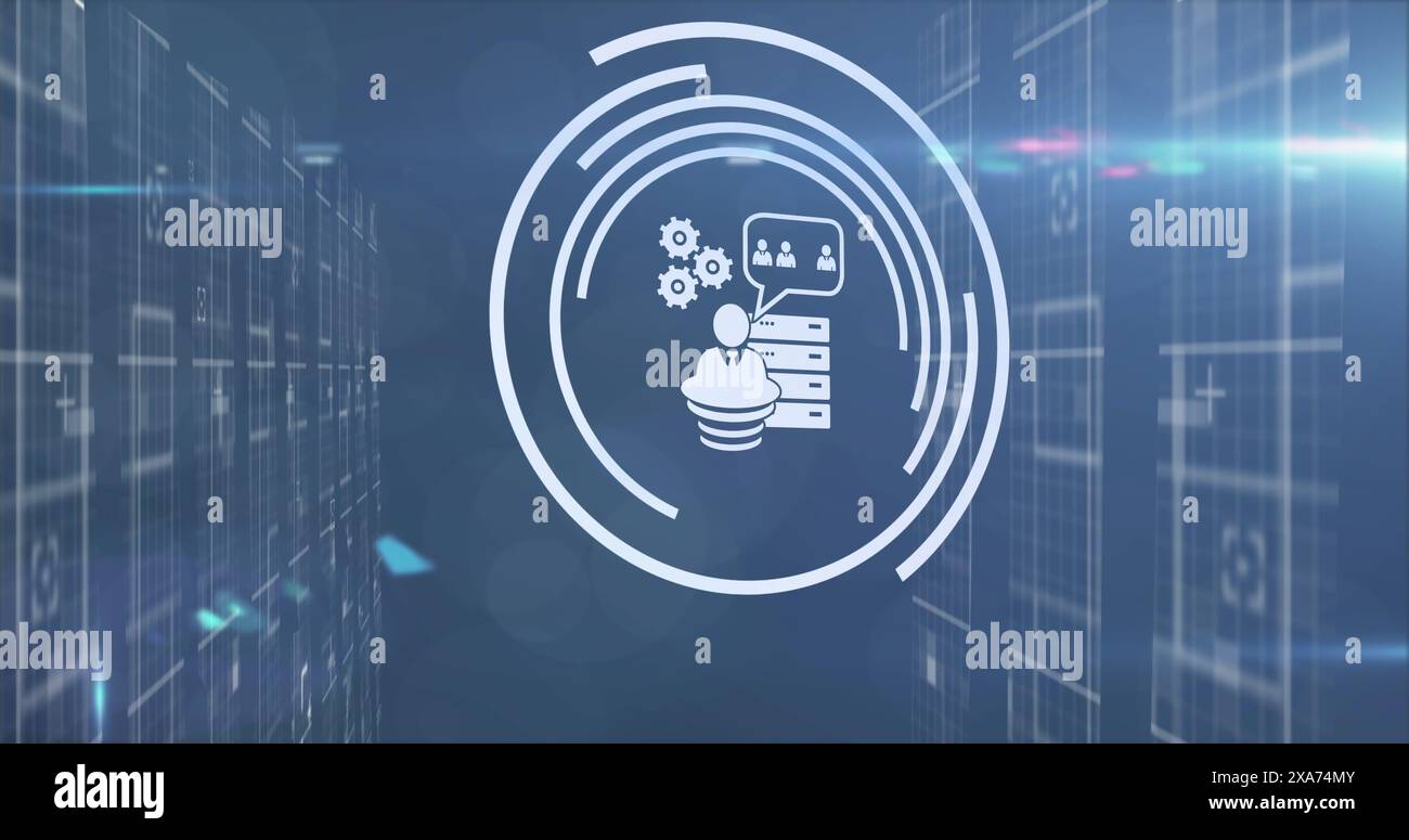 Image of digital icons over light trails and light spots against blue ...